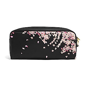 ALAZA Cute Pencil Case Flying Plum Cherry Blossom Petals Flowers Pen Cases Organizer PU Leather Comestic Makeup Bag Make up Pouch, Back to School Gifts
