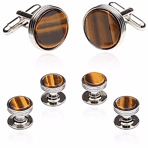 Tigers Eye Tuxedo Shirt Cufflinks Studs Formal Set for Men with Travel Presentation Gift Box for Groom Groomsmen Wedding Party
