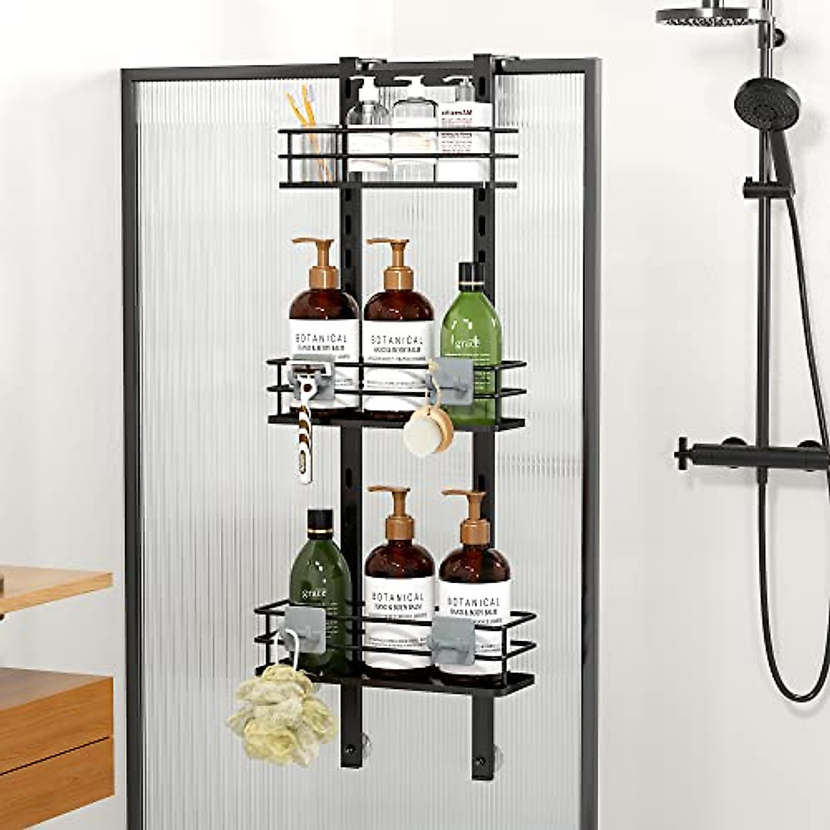 Orimade Adjustable Hanging Over the Shower Door Caddy with Hooks, Bathroom Organizer Shelf Storage Rack,No Drilling Rustproof Shower Basket for Inside Shower, Matt Black 3 Tier