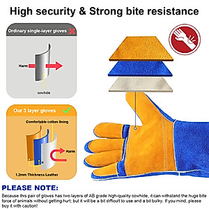 DLY Animal Handling Gloves, Double Cowhide Leather Reinforced Padding, Dog Bite Gloves for Grabbing Cat, Reptile, Grooming, Falcon, 17.7 Inches, Yellow-blue