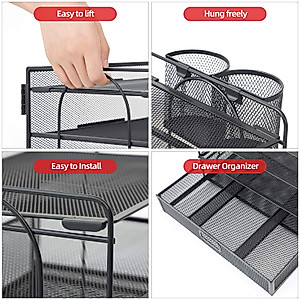 Marbrasse 4-Trays Desktop File Organizer with Pen Holder | Paper Letter Tray with Drawer and 2 Pen Holder | Mesh Office Supplies Desk Organizer for Home Office (Black)