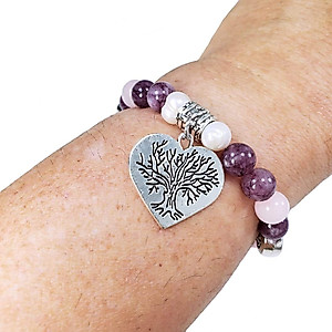Tree of Life Heart Charm Bracelet with REAL Natural Stones Lepidolite & Rose Quartz & South Sea Pearl - Chakra Bracelet Anti-Stress Anti-Anxiety Gemstones Jewelry (lepidolite)