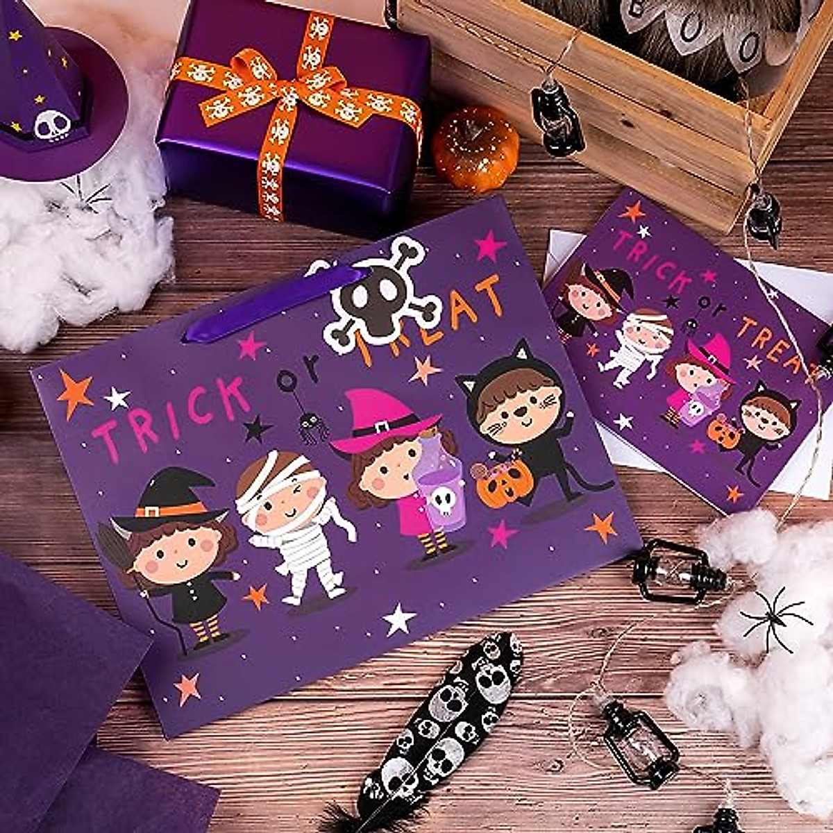 WRAPAHOLIC 13" Halloween Large Gift Bag with Card and Tissue Paper - Adorble Child and Trick or Treat Lettering Design