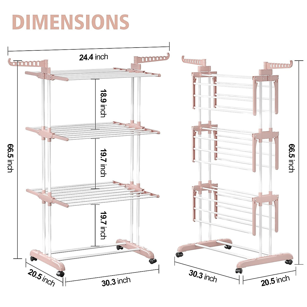 TOOLF Foldable Clothes Drying Rack, 4-Tier Drying Rack Clothing, Laundry Drying Rack with Foldable Wings, Space Saving Laundry Rack, Pink