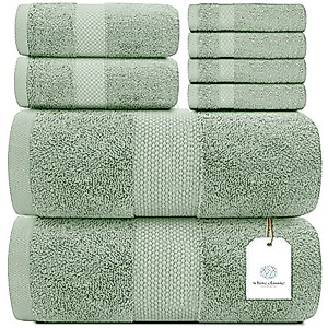 White Classic Luxury Green Bath Towel Set - Combed Cotton Hotel Quality Absorbent 8 Piece Towels | 2 Bath Towels | 2 Hand Towels | 4 Washcloths [Worth $72.95] 8 Pack | Green