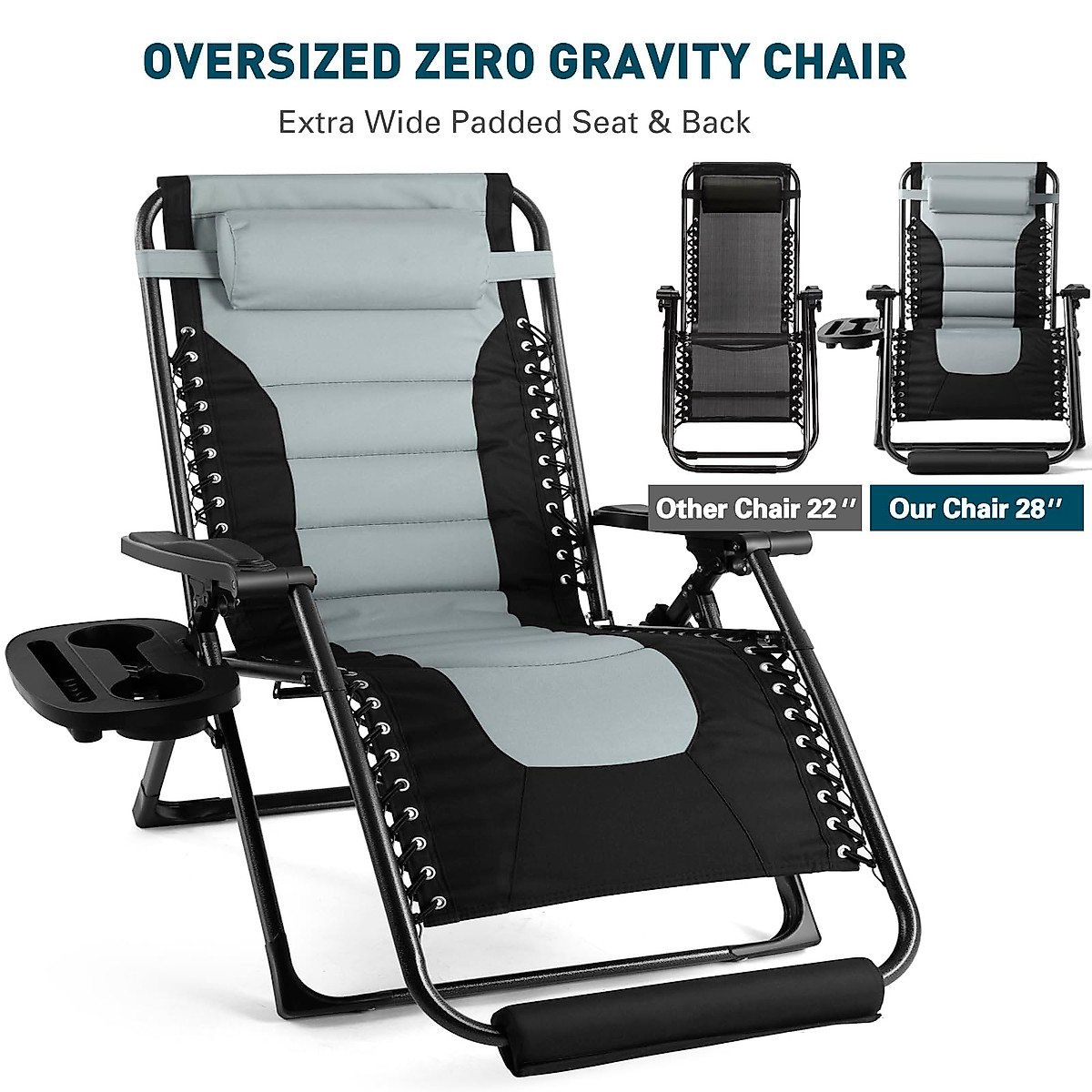 Fitnessclub Zero Gravity Chair, 350Lbs Capacity Oversize XL Outdoor Anti Gravity Chairs, Patio Lounge Folding Adjustable Recliner with Adjustable Headrest, Foot Pad & Cup Holder