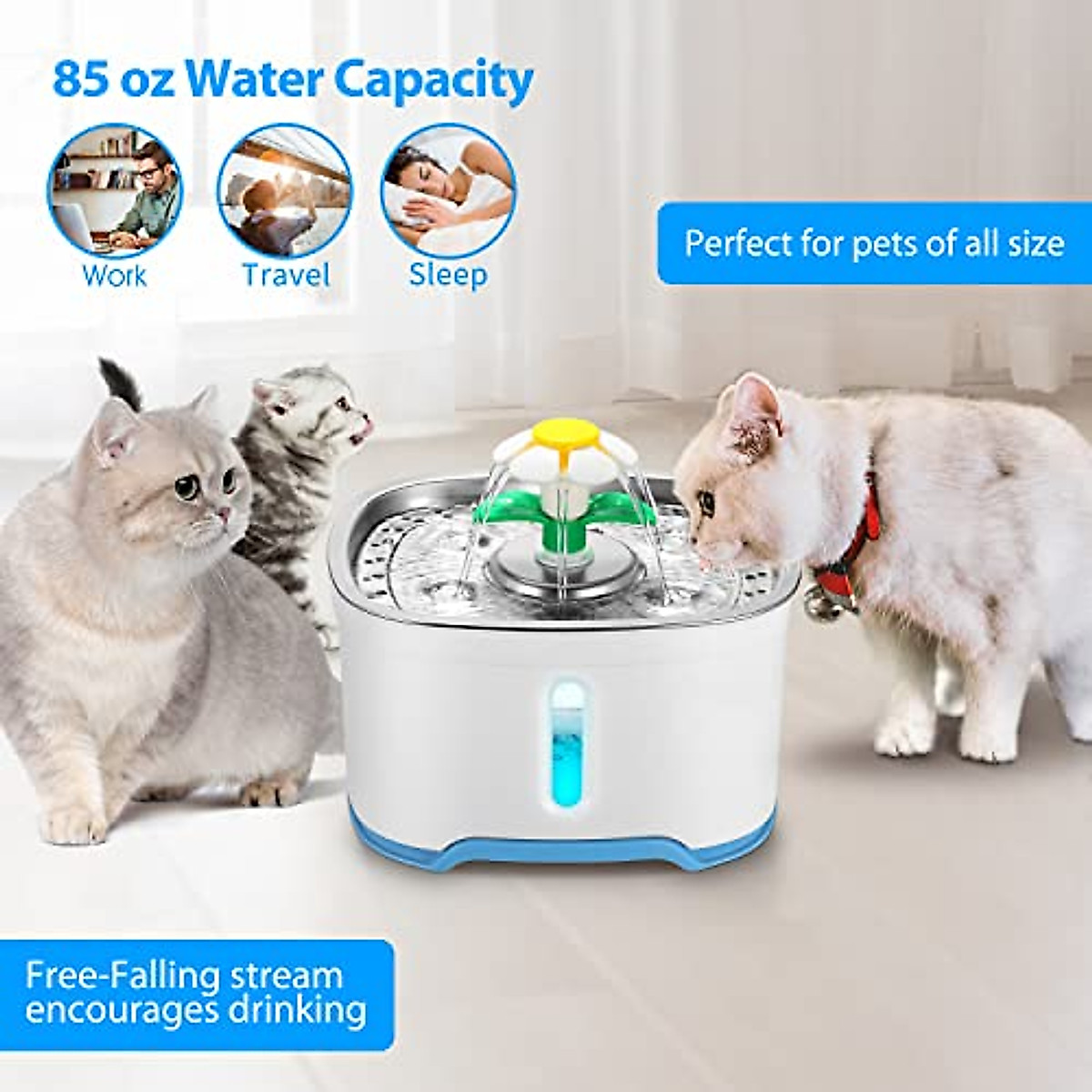 Stainless Steel Pet Water Fountain with Adapter, Upgraded Version 84oz/2.5L Automatic Cat Water Fountain Dog Water Dispenser with Ultra-Quiet Pump for Cats, Dogs, Birds, Multiple Pets (Blue)