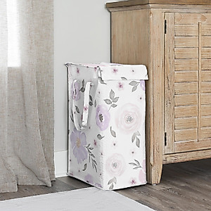 Sweet Jojo Designs Lavender Purple Boho Floral Girl Laundry Hamper Foldable Dirty Clothes Basket with Handles Baby Nursery Kid Bedroom Teen Bathroom Pink Grey Bohemian Farmhouse Shabby Chic Watercolor