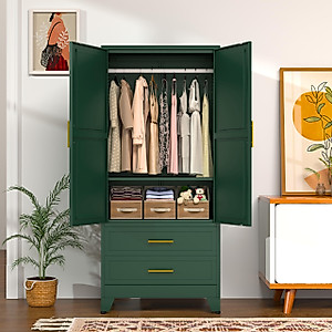 71" Metal Armoire Wardrobe Closet, Metal Wardrobe Cabinet with Hanging Rod (Green)