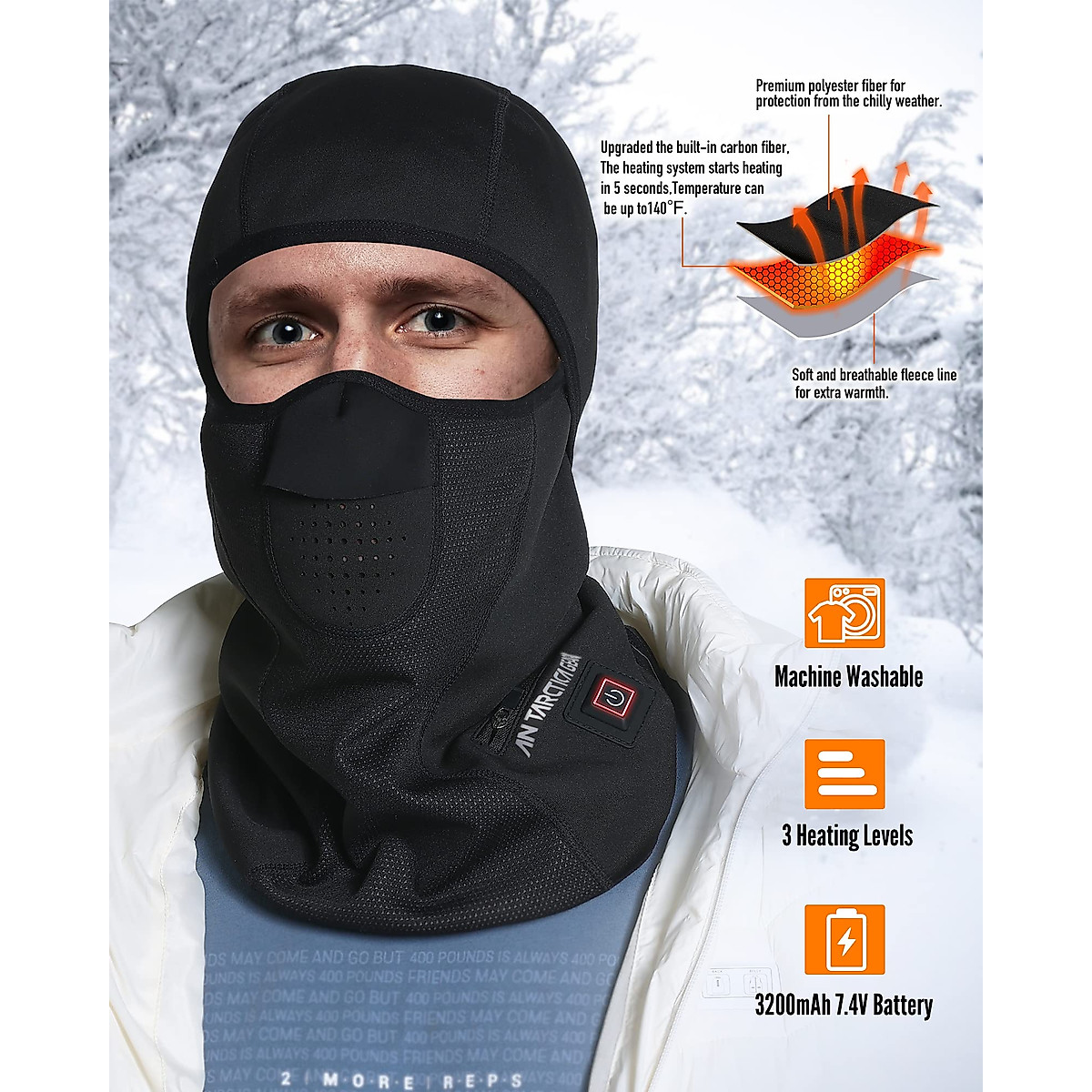 ANTARCTICA GEAR Heated Balaclava Face Ski Mask Windproof Warm Heating Hat for Motorcycle Riding Women Men Black
