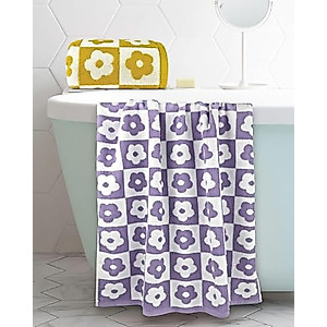 Jacquotha Bath Towels Checkered Floral 55” x 28” - Decorative Bathroom Towels for Indoor Outdoor Gift, 440 GSM Soft Quick Dry Towel for Bathroom Gym Spa Swim (Yellow & Lilac)