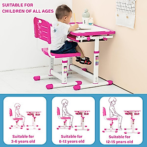 Ruesleag Kids Desk Chair Set,Children’s Study Desk Multi-Func Height Adjustable Desk and Chair School Writing Computer Table w/Pull Out Drawer Storage 45°Tilted Desktop for School Home Boys&Girls,Pink