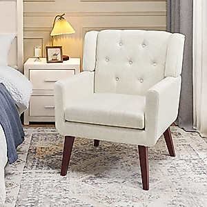 Accent Chair Button-Tufted Upholstered Living Room Chairs Comfy Reading Chair Mid Century Modern Chair with Linen Fabric Lounge Arm Chairs for Living Room Bedroom (Beige)