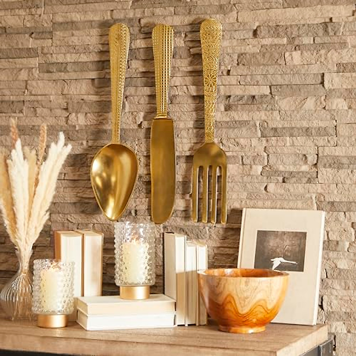 Deco 79 Aluminum Metal Utensils Home Wall Decor Knife, Spoon and Fork Wall Sculpture, Set of 3 Wall Art 4" W, 23" H, Gold