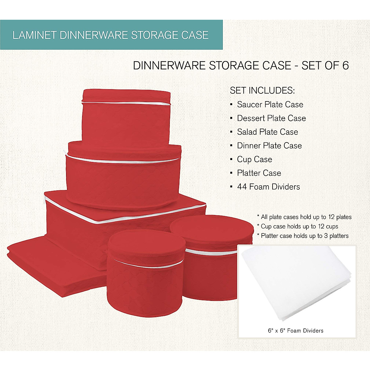 LAMINET 6 Piece Quilted Dinnerware Storage Starter Set - Includes 4 Plate Cases, 1 Cup Case & Platter Case - RED