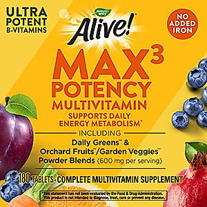 Nature's Way Alive! Max3 Potency Multivitamin, High Potency B-Vitamins, No Iron, 180 Tablets