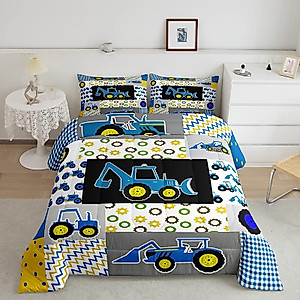Feelyou Tractor Bedding Set Cartoon Farm Equipment Trucks Blue Yellow Comforter Construction Car Comforter Set for Kids Adults Farm Car Duvet Set Soft Room Decor Quilt 2Pcs Twin Size Boys