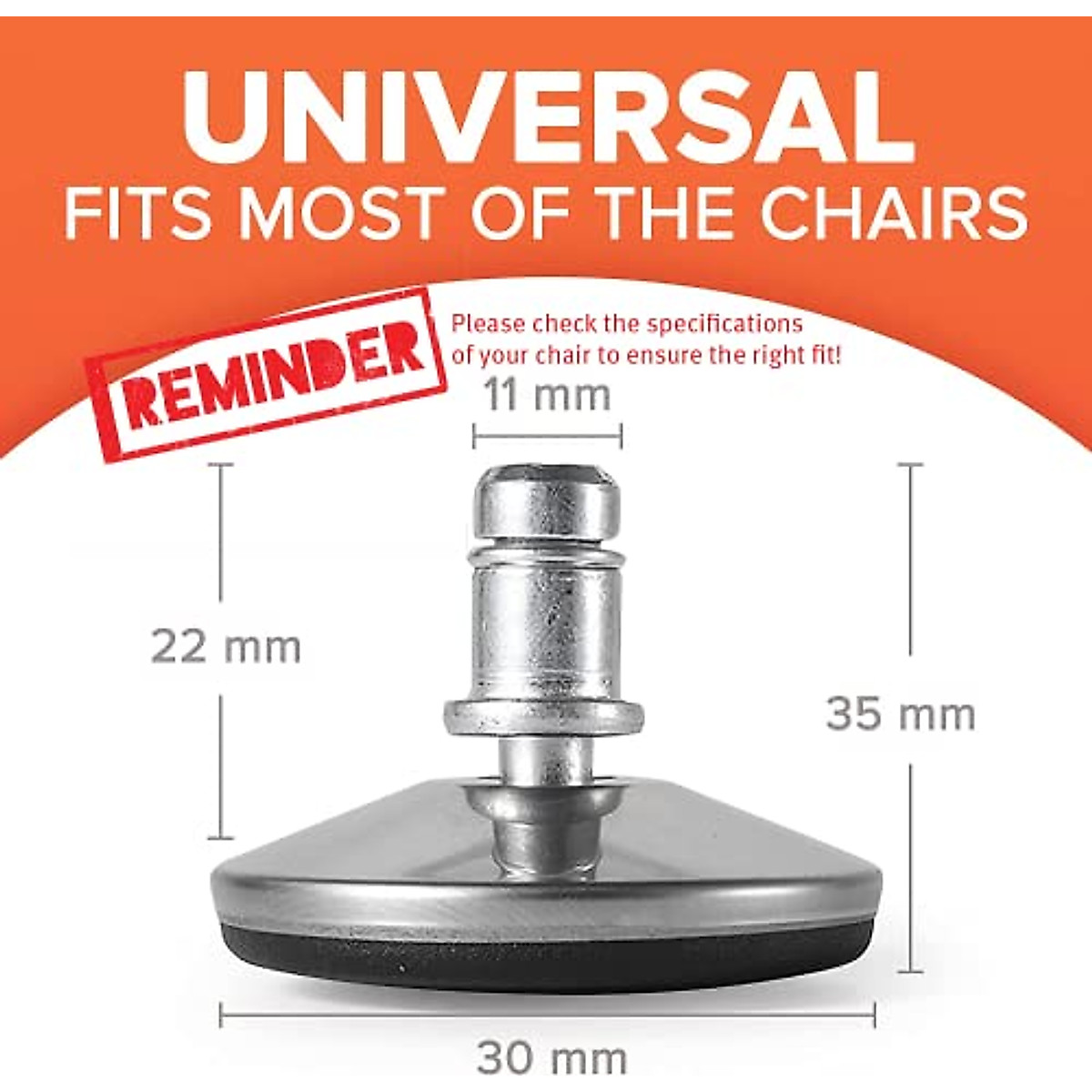 Office Chair Bell Glides Replacement, Replace Swivel Caster Wheels to Fixed Stationary Foot, Dia 7/16"(11mm) stem fit Most Office Chair, Anti-Slip Low Profile Bell Glides Feet Set of 5