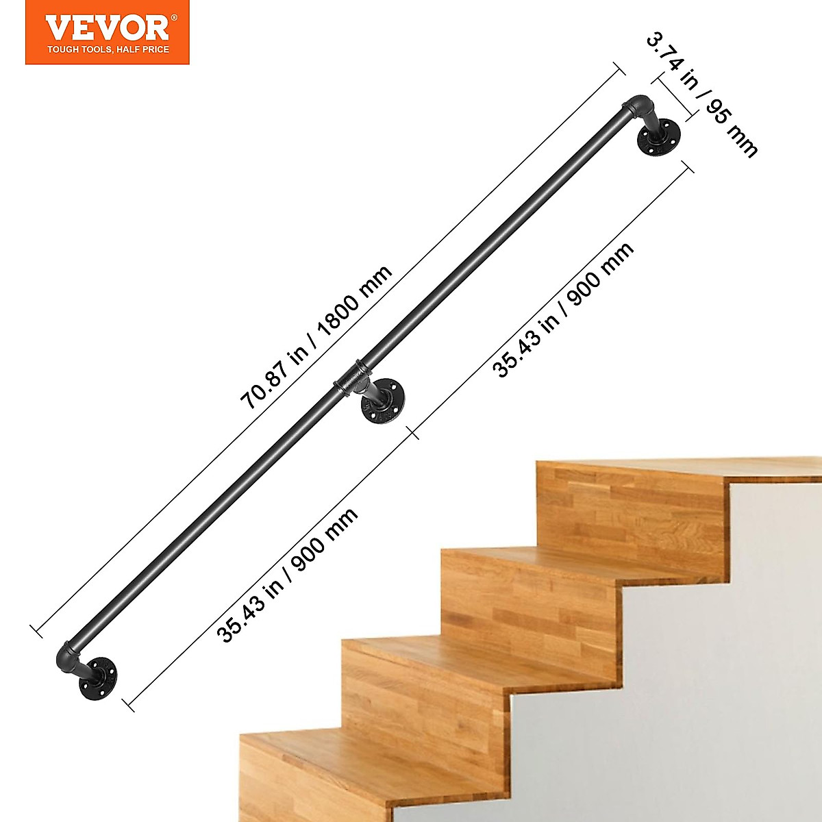 VEVOR Pipe Stair Handrail, 6FT Staircase Handrail, 440LBS Load Capacity Carbon Steel Pipe Handrail, Industrial Pipe Handrail with Wall Mount Support, Round Corner Wall Handrailings for Indoor, Outdoor
