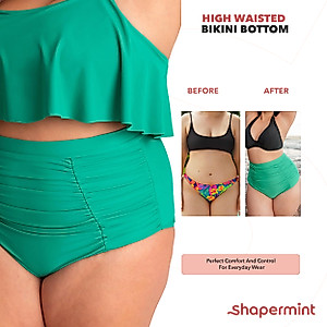 SHAPERMINT Women Ruched High Waisted Black Bikini Bottom Swimsuit, Tummy Control Full Coverage Swimwear, Small to Plus Size
