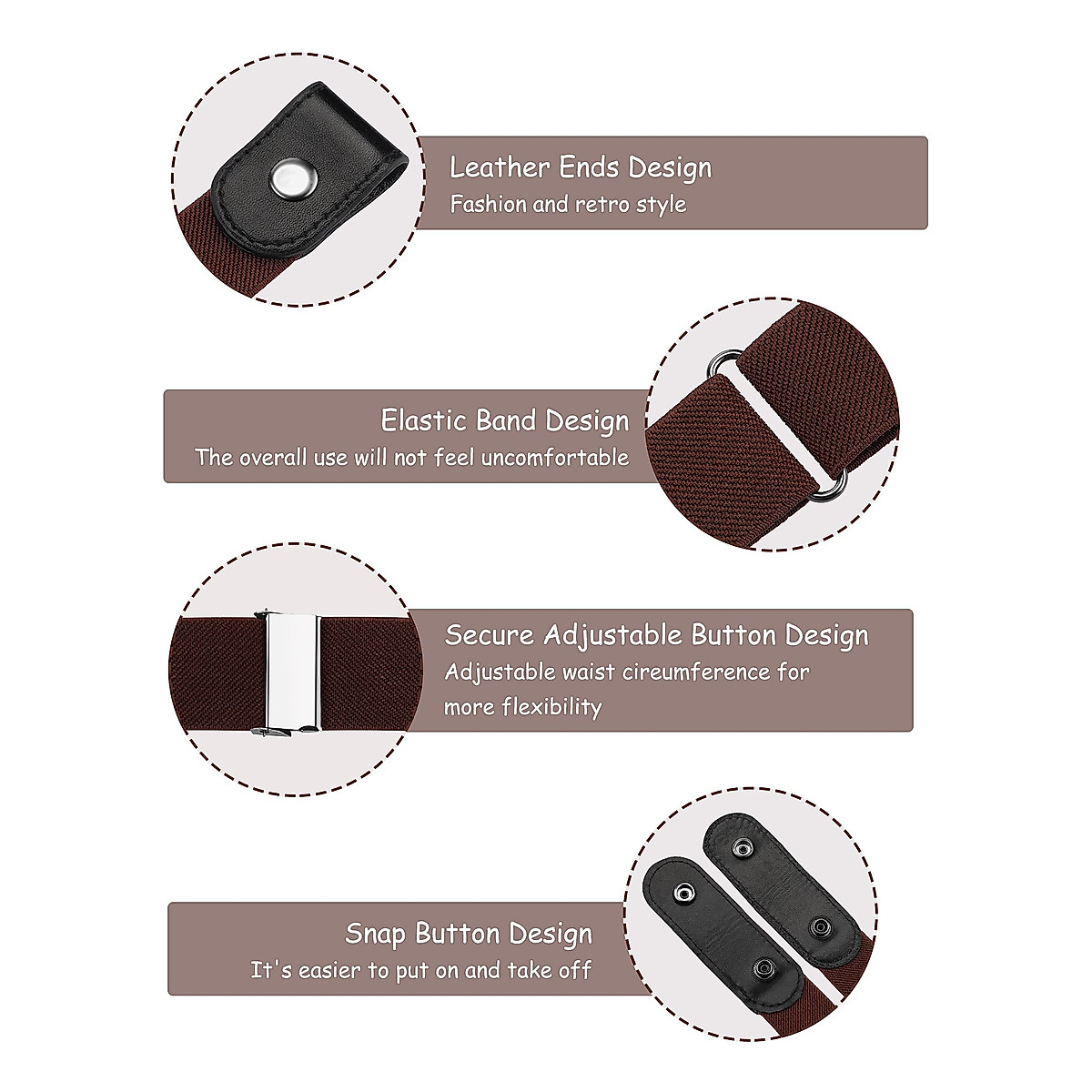 4 Pieces No Buckle Stretch Belt Adjustable Unisex Belt Invisible Elastic Belt for Men Women Jeans Pants Skirts(Khaki, Black, Coffee Color, Navy Green)