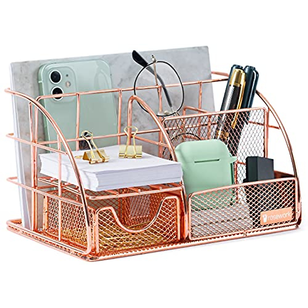 rosework Rose Gold Desk Organizer for Women, Mesh Office Supplies Desk Accessories, Features 5 Compartments + 1 Mini Sliding Drawer