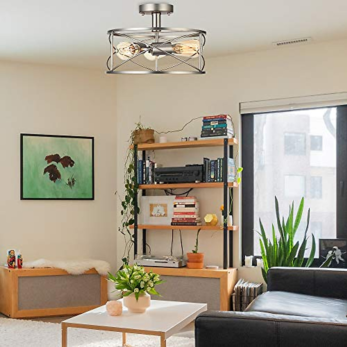 Capslpad Industrial Semi-Flush Mount Ceiling Light Vintage Close to Ceiling Lamp 3-Light Farmhouse Retro Metal Cage Ceiling Light Fixture for Bedroom Kitchen Foyer Hallway (Brushed Nickel)