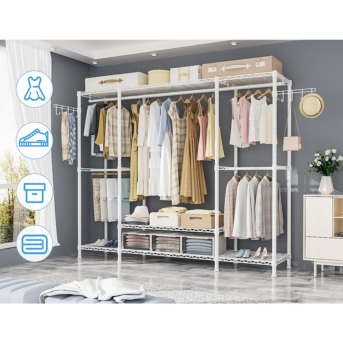 Ulif E3 Heavy Duty Garment Rack, 4 Tiers Freestanding Closet Organizer System with 5 Shelves, Metal Closet Organizer and Storage System for Clothes, Max Load 650lbs, 57.1"W x 14.5"D x 77.3"H, White