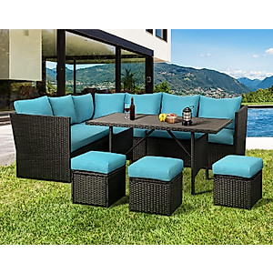 AECOJOY Patio Furniture Set, 7 Pieces Outdoor Patio Furniture with Dining Table&Chair, All Weather Wicker Conversation Set with Ottoman and Patio Set Cover, Blue