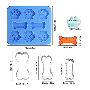 Set of 5, 2 Packs Silicone Molds Puppy Dog Paw & Bone Shaped 2 in 1 and 3 Packs Stainless Steel Bone Cookie Cutter,for Homemade Treats and Cat Animal Paw Ice Candy Chocolate Baking Mold (Blue&Pink)