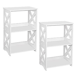 BYFU 3-Tier Side Table Set of 2, Narrow End Table with Storage Shelf, White Nightstand Bedside Table Small Bookshelf Bookcase Display Rack for Bedroom Bathroom Living Room Office