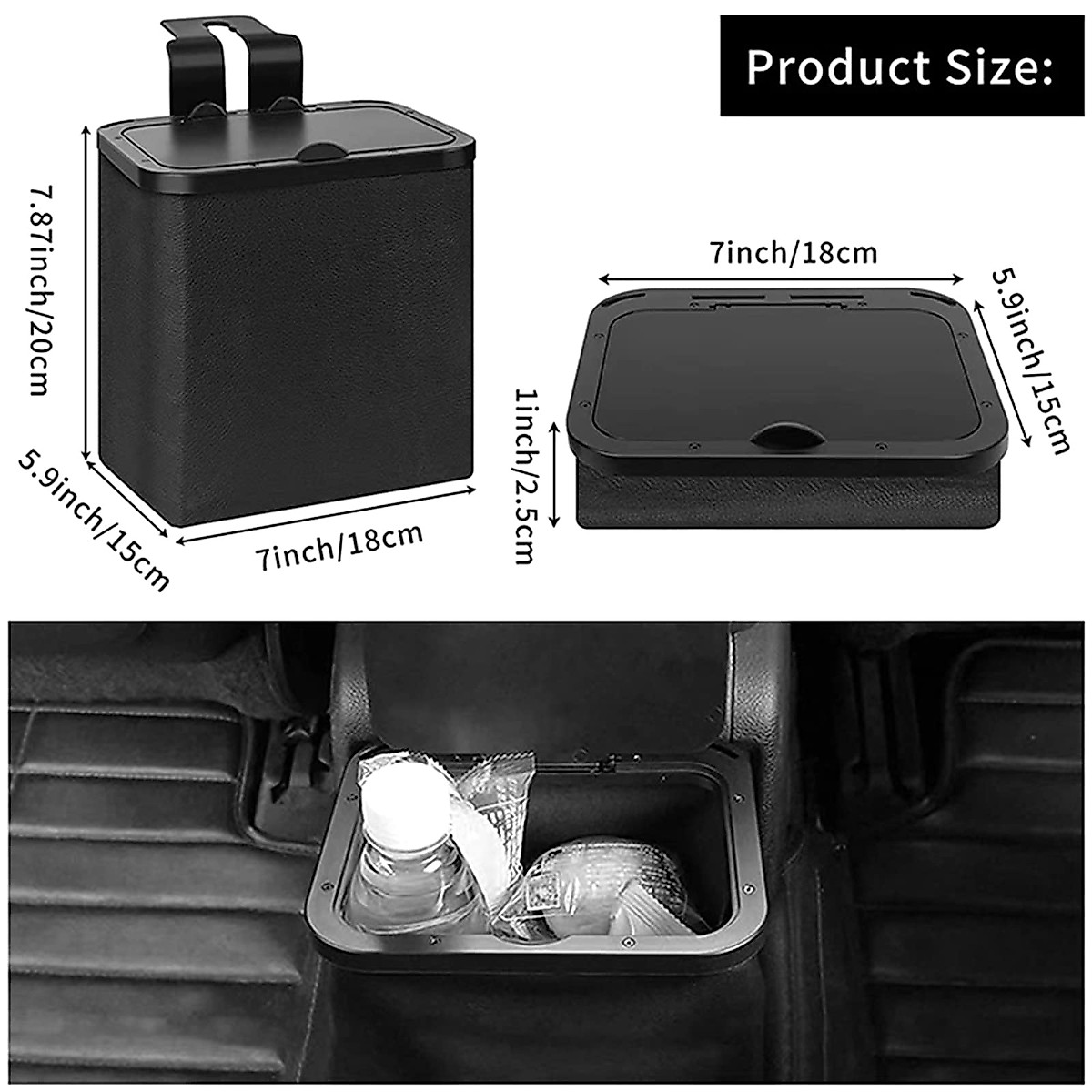 GRABLOOM Car Trash Can Collapsible Rubbish Basket with Hook & Lid Waterproof Leather Garbage Organizer Bin Portable Waste Basket Storage Bins