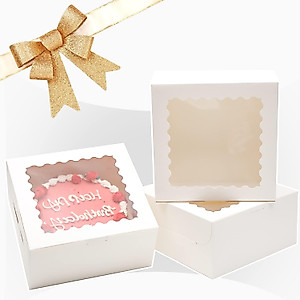Bakepacker 36pcs 8x8x5 Inches Cake Boxes with Window 8 Inch Bakery Boxes 18-Packs White Cake Boxes (18 Cake boxes +18 Cake Boards+10 Meters Silk Ribbon Includes)