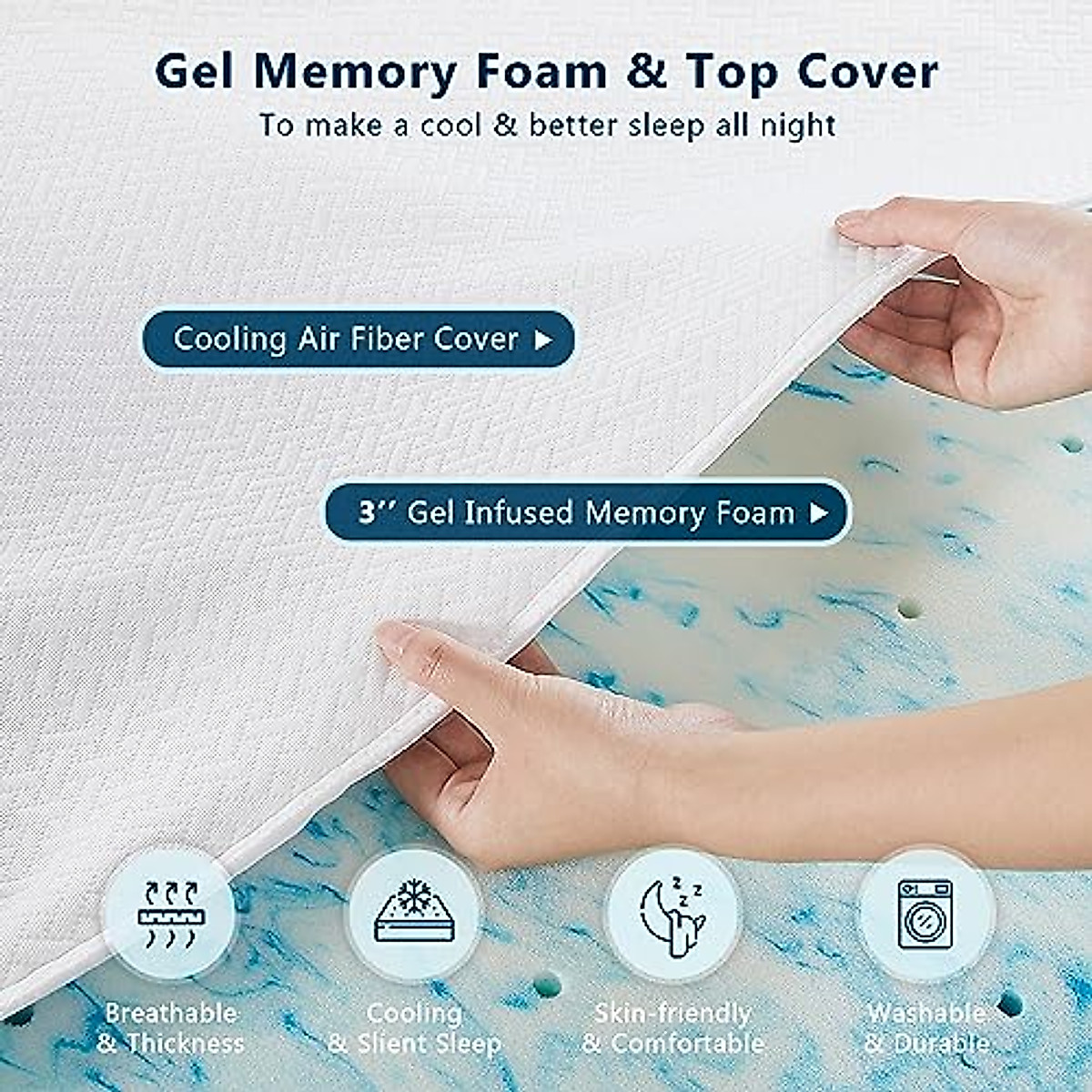 Timimi Memory Foam Mattress Topper Queen - 3 Inch Gel Cooling Mattress Pad for Queen Size Bed with Removable Washable Cover(21'' Deep Pocket) - Bed Topper for Back Pain (CertiPUR-US Certified - White)