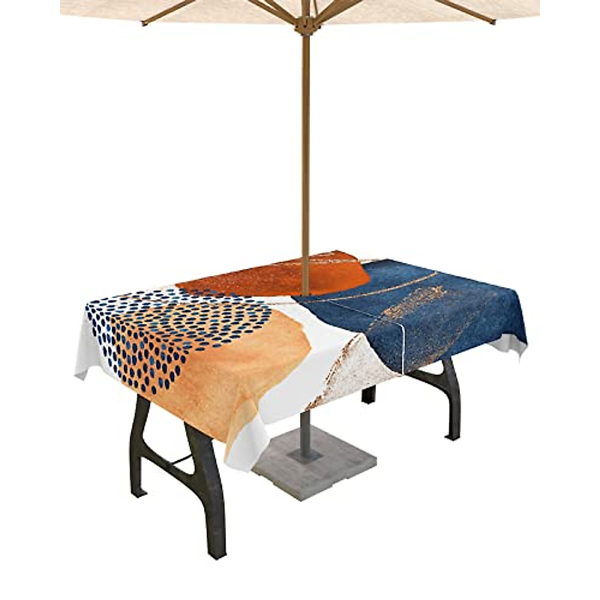 Outdoor Tablecloth with Umbrella Hole and Zipper,Mid Century Terracotta Abstract Geometry Waterproof Tablecloths for Rectangle Tables,Washable Table Cloth Burnt Orange Navy Block Gold Line 60x84in