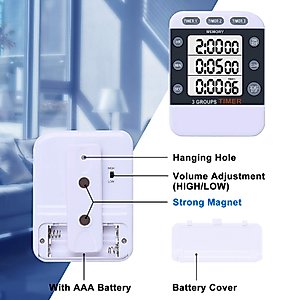 HomeMall Digital Dual Kitchen Timer, Cooking Timer, 3 Channels Count Up ＆ Down Timer with Magnetic Back, Large Display, Adjustable Volume, ON/Off Switch Stopwatch, Battery Included