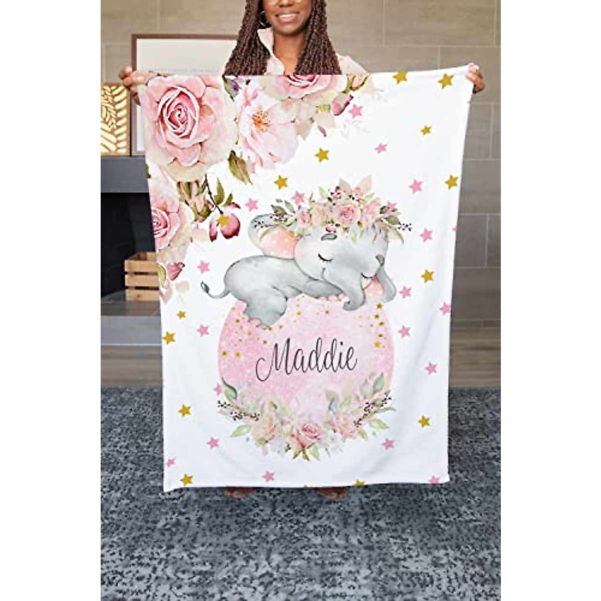 LIFESTYLE BLANKETS Personalized Baby Blankets for Girls with Pink Floral Stars - Custom Elephant Baby Blanket Can be Added to Baby Registry Search and Makes a Great Gift for a New Mom.