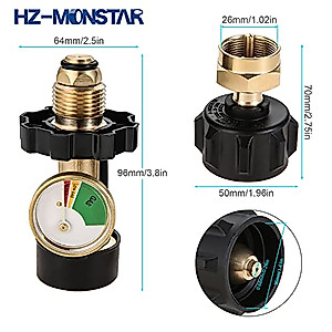 HZ-MONSTAR POL Propane Tank Adapter with Gauge Converts POL LP Tank Service Valve to QCC1/ Type1, Propane Refill Adapter Fits QCC1/ Type1 Propane Tank/ 1 lb Cylinder for RV Camper BBQ Gas Grill Heater