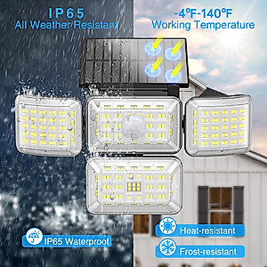 Solar Lights Outdoor, 250 LED 2500LM Security Motion Sensor Flood Light with 4 Adjustable Heads, IP67 Waterproof, 3 Modes & 300° Wide Angle Smart Outside Wall Light for Garden Pathway Garage, 2 Pack