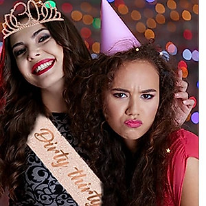 Ulfanit 30th Birthday Tiara and Sash for Women 30th Birthday Party, Rose Gold Glittered Rhinestone Crown, Dirty Thirty Sash & Happy 30 Birthday Cake Topper for Lady Birthday Party Decorations