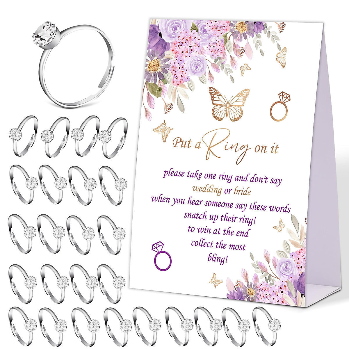 Butterfly Don't say Bride or Wedding Game, Put a Ring on It Bridal Shower Game with 50 Fake Rings, Bridal Shower Decorations, Wedding Shower or Bachelorette Party Supplies - 10