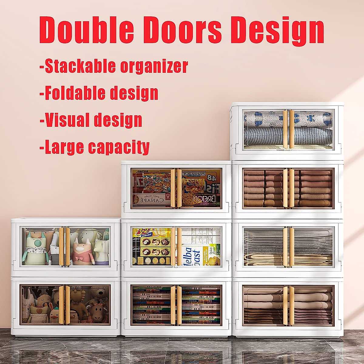 Storage Bins with Lids,78 Quart Plastic Bins with Lids,Large Closet Organizers, 3 Packs Collapsible Storage Bins with Wheels,Double Door Stackable Bins for Clothes,Home