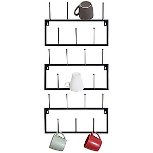 MyGift Black Metal Coffee Mug Rack Wall Mounted Hanging Storage Coffee Bar Accessories Rack with 21 Hooks, Set of 3