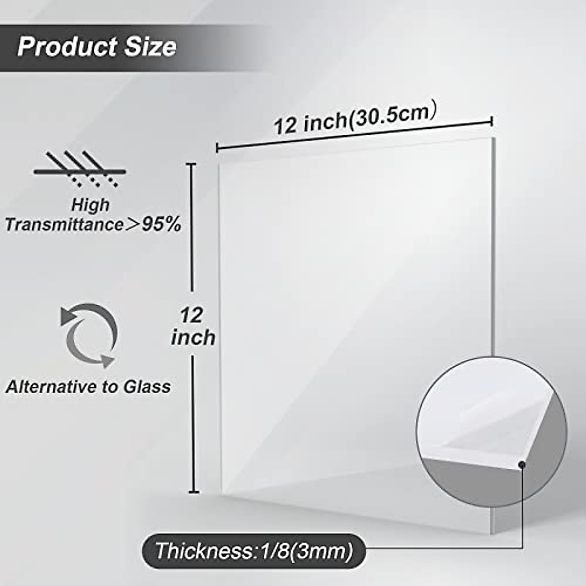 ToolinHand 2 Pack Clear Cast 12''×12" Acrylic/Plexiglass Sheets - Transparent 1/8” Thick (3mm) Square Panels Plastic Sheets for Picture Frames, Sign, Craft, Display Projects