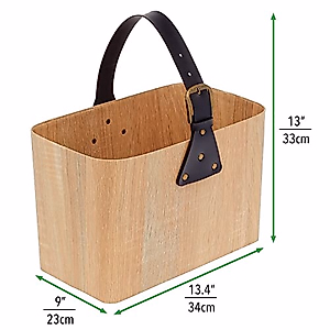 mDesign Rectangle Basket Tote Bin Organizer with Attached Handle for Magazines, Blankets, Throws - Portable - Natural