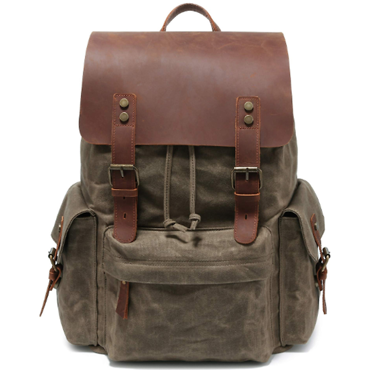 MUMAIS Military Style Waxed Canvas Backpack Laptop Genuine Leather(Oil Wax Waterproof) School Bag Vintage Computer Backpack For Men&Women,Professional Outdoor Hiking Travel Shoulder(Army Green)