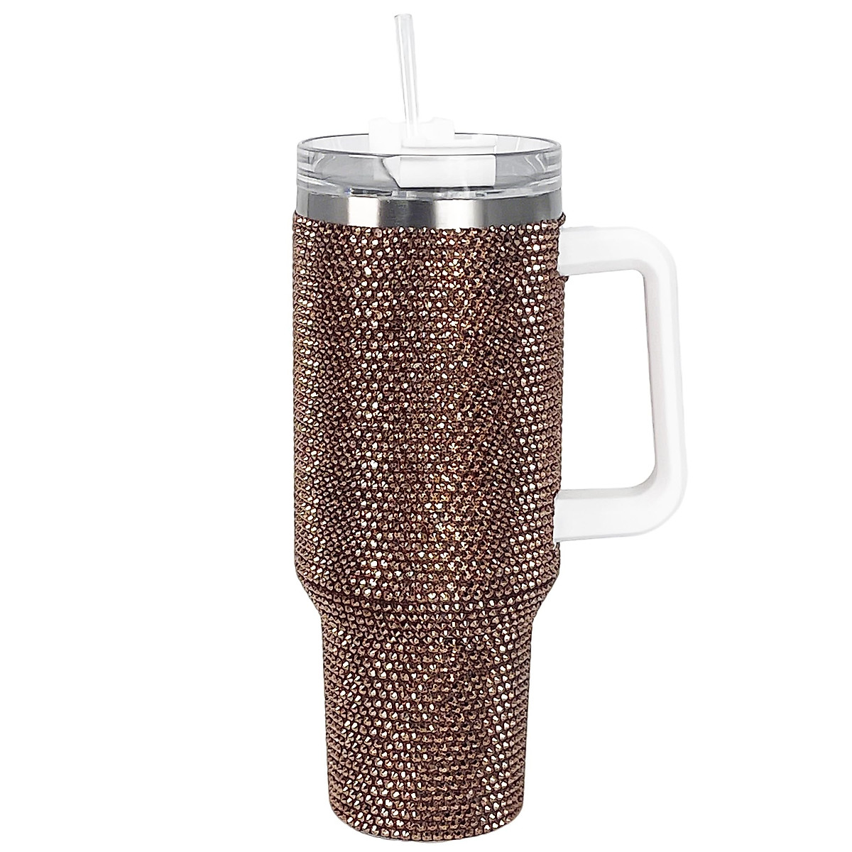 Cupcupmore 40oz Copper Bling Rhinestone Stainless Steel Sippy Tumbler Glitter Vacuum Insulated Water Bottle with Straw & Lid &Handle,Thermos for Hot & Cold Drinks,Car Cup Holder,Coffee