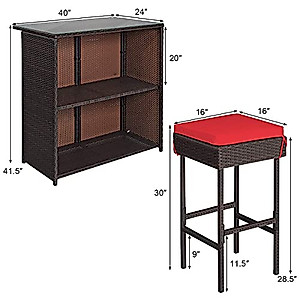 Salches Patio Bar Set, 3 Piece Rattan Wicker Bar Stools w/2 Stools & Glass Top Table, Large Storage Space & Removable Cushions, Outdoor Bar Table for Backyard/Porch/Garden/Poolside