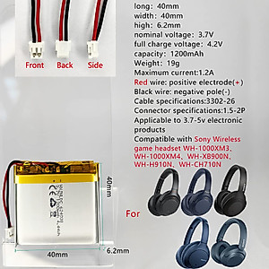 HXJNLDC 3.7V 1200mah Li-Polymer Battery Replacement for Sony WH-1000XM3、WH-1000XM4、WH-XB900N、WH-H910N、WH-CH710N Bluetooth Wireless Noise canceling Stereo Headset SM-03 SP 624038