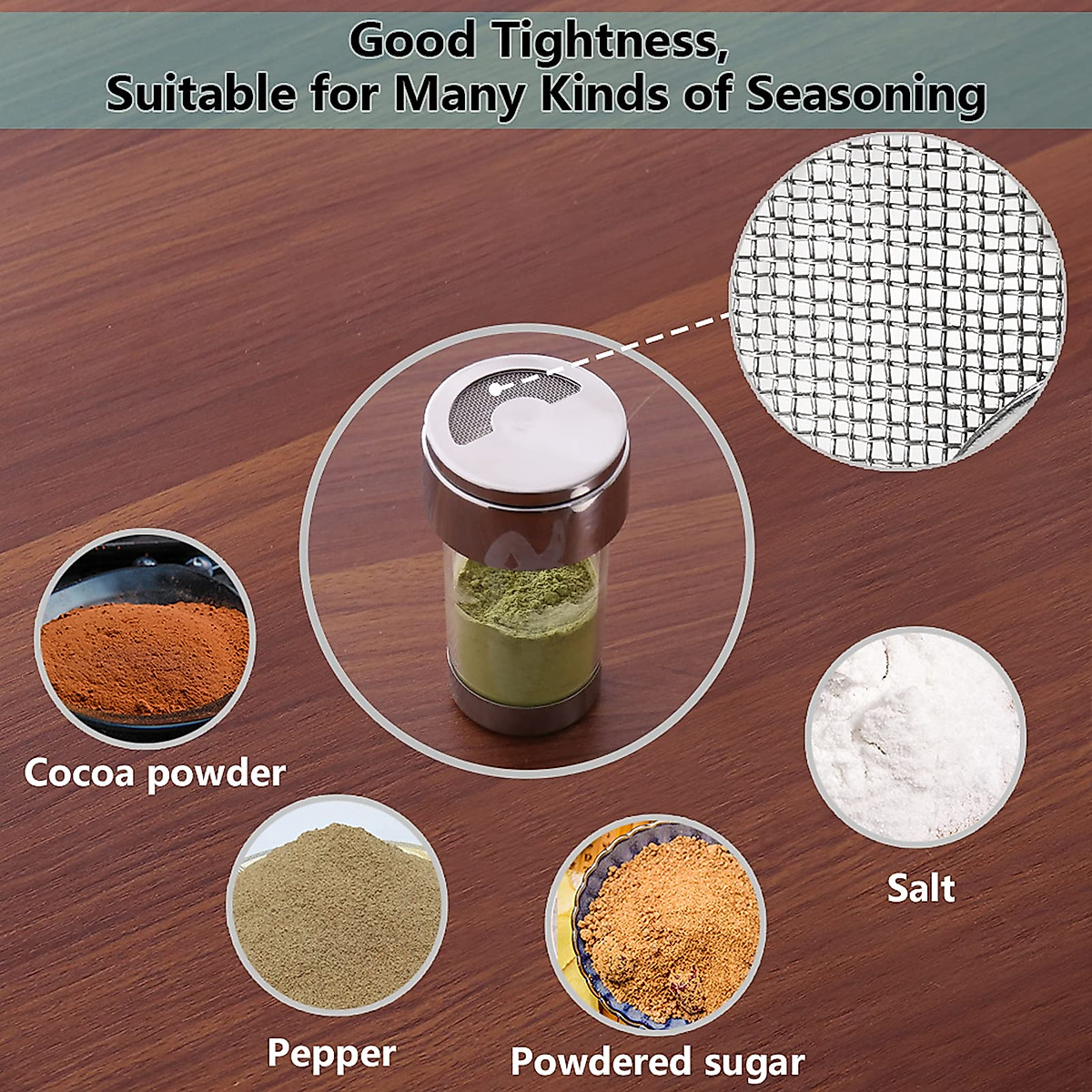 Newness Mesh Shaker or Salt Shaker, Stainless Steel Salt Dispenser, Clear Acrylic Seasoning Fine Mesh Shaker with Rotating Cover, 3.7 Ounces (110 Milliliter)